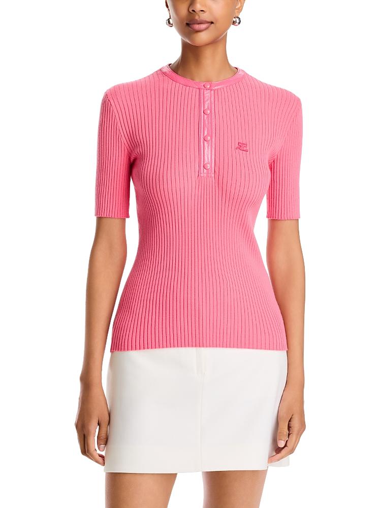 COURREGES Courreges Contrasted Vinyl Rib Knit Short Sleeve Top